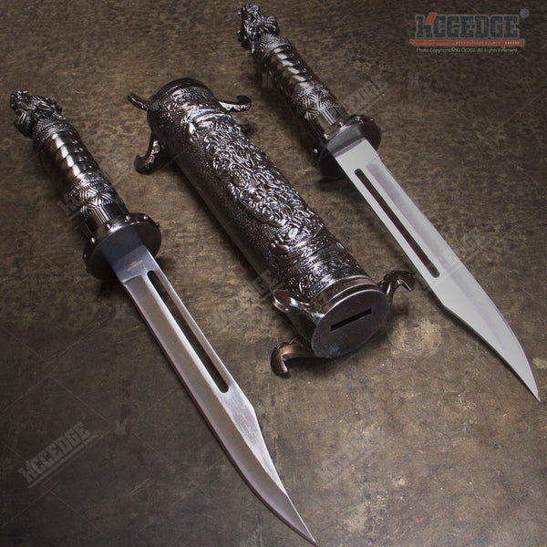 21" Metallic Twin Dragon Scroll Daggers Silver Swords Damascus Laser E ...