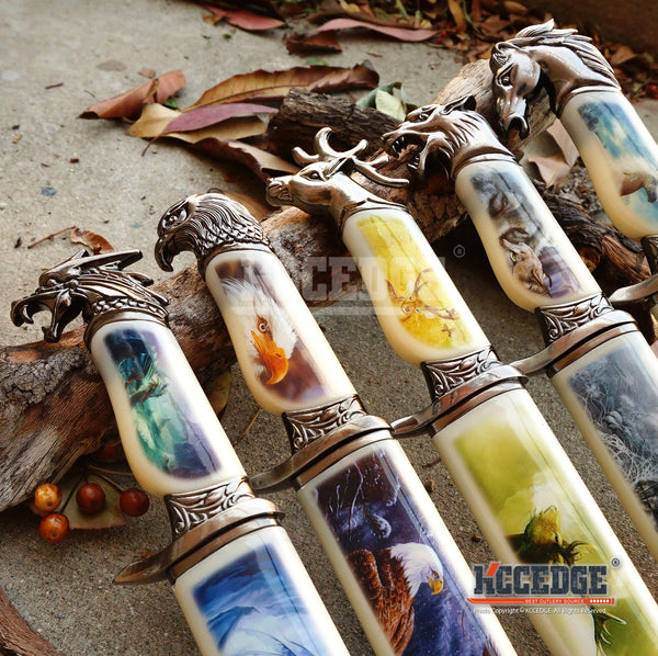 13" COLLECTOR'S HUNTING WILDLIFE DAGGER 5 Types Animal Head Pommel Fix ...