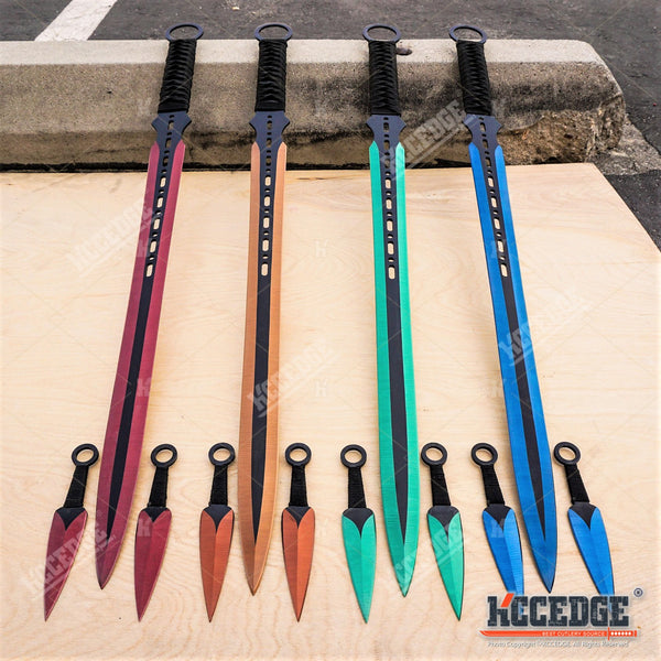27" TWO TONE TECHNICOLOR Ninja Sword Machete w/ 2 Throwing Knife Tacti ...